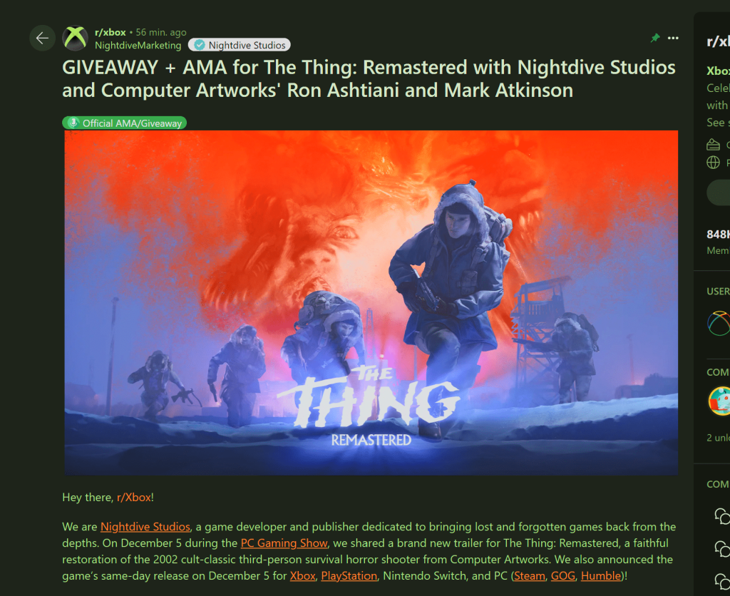 The Thing: Remastered confirmed for December 5th release - XboxEra